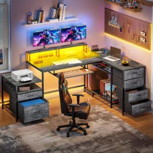 YITAHOME L Shaped Desk with Drawers, 71" L Shaped Computer Desk with Power Outlet & LED Lights, Corner Office Desk with Storage Shelves & Printer Stand, Gaming Desk with Monitor Shelf, Grey