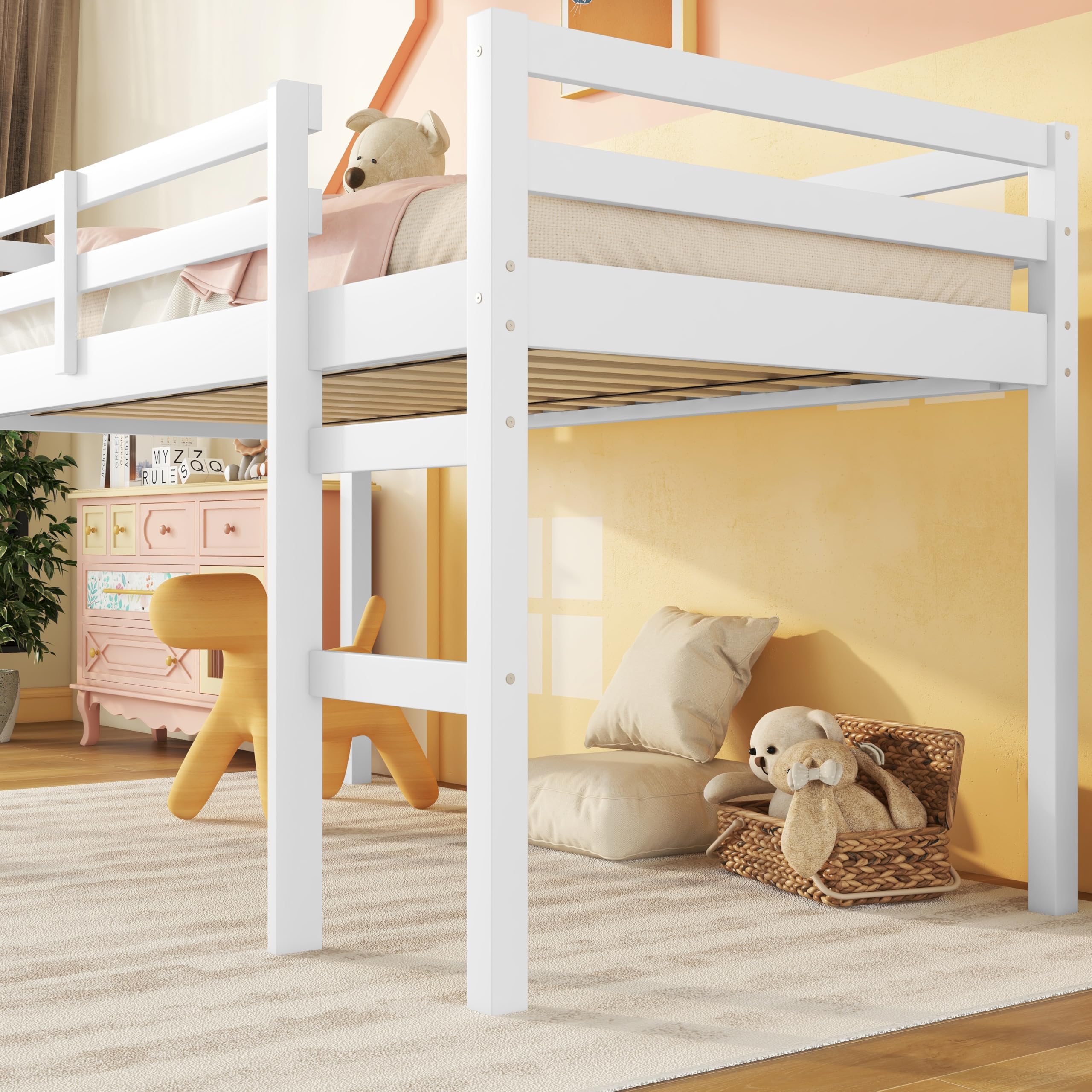 ANDORON Low Loft Bed Twin Size, Kids Solid Wood Modern Loft Bed Frame with Ladder and Safety Guardrail for Girls Boys, Noise-Free, Non-Toxic Finishes, Space-Saving, No Box Spring Needed (White, Twin)