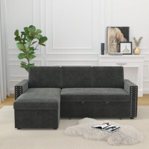 Ball & Cast 85" Sleeper Sofa with Storage Chaise, Chenille Upholstered Reversible Sectional Couch with Pull Out Bed, Button Tufted Armrest and Nailhead Trim,for Living Room,Apartment,Dark Grey