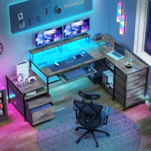 YITAHOME L Shaped Desk with Drawers, 71" L Shaped Computer Desk with Power Outlet & LED Lights, Corner Office Desk with Storage Shelves & Printer Stand, Gaming Desk with Monitor Shelf, Grey