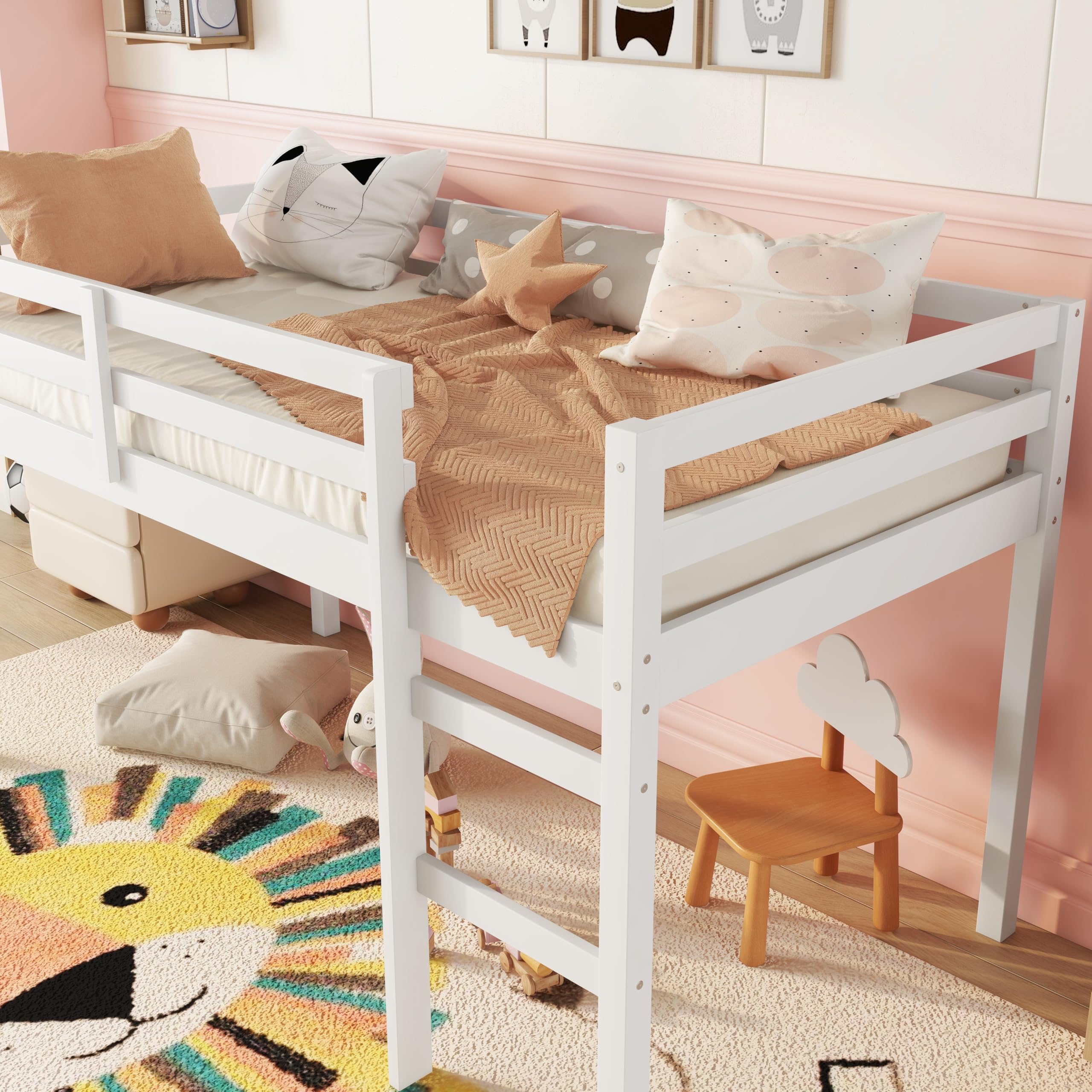 ANDORON Low Loft Bed Twin Size, Kids Solid Wood Modern Loft Bed Frame with Ladder and Safety Guardrail for Girls Boys, Noise-Free, Non-Toxic Finishes, Space-Saving, No Box Spring Needed (White, Twin)