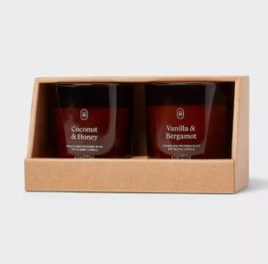 gift set of 2 amber glass jar candles - vanilla & bergamot and coconut & honey, 4.5 oz each