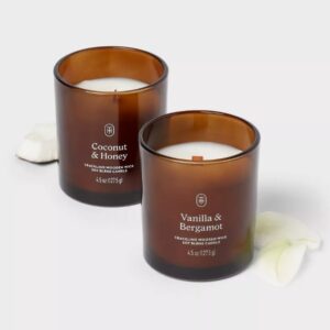 Gift Set of 2 Amber Glass Jar Candles - Vanilla & Bergamot and Coconut & Honey, 4.5 oz Each