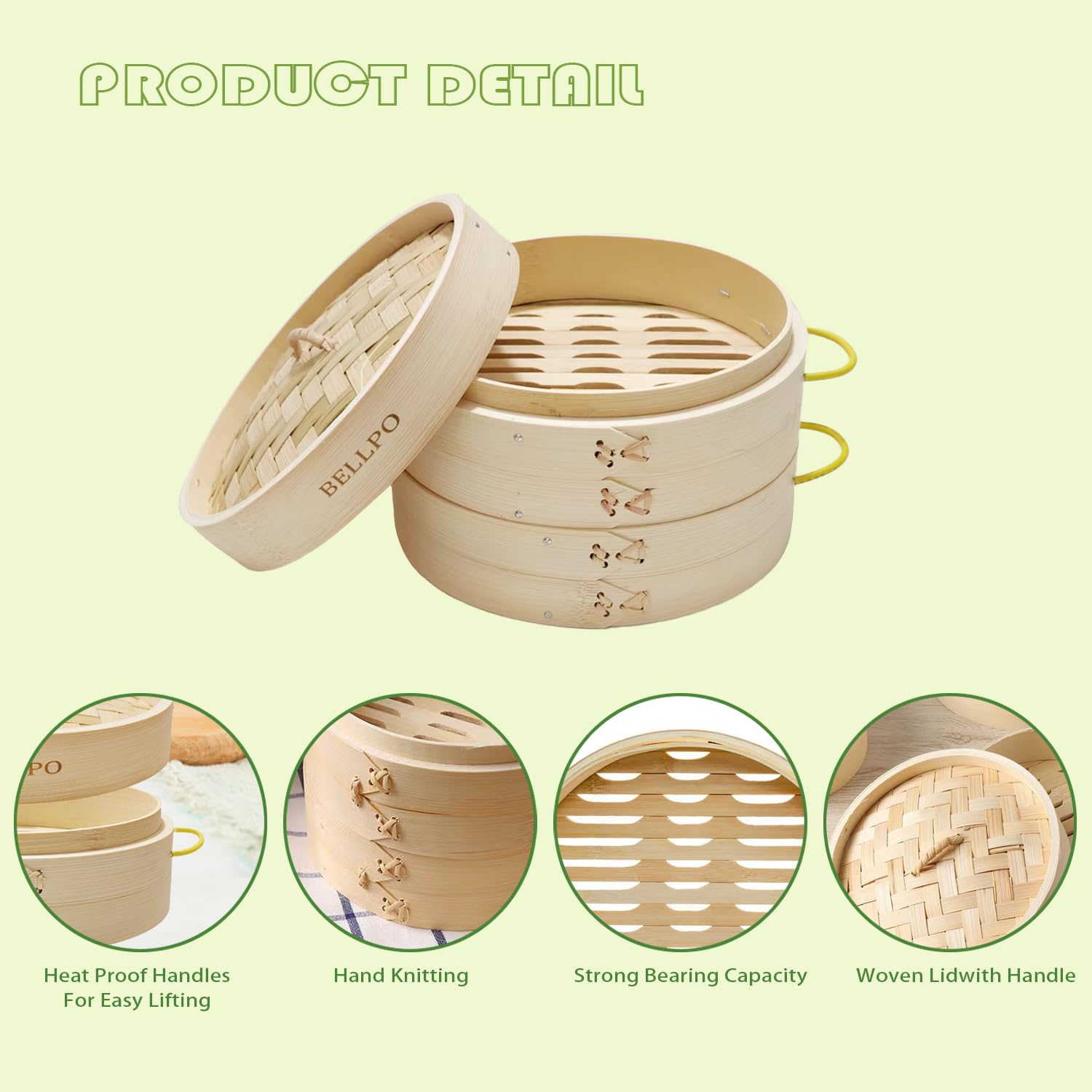 BELLPO Bamboo Steamer 8 inch 2 Tier Wooden Basket with Side Handle, Dumpling Steamer Cooking for Vegetables Rice,Fish,Dim Sum,Bao Bun,Reusable Liner&Brush Included