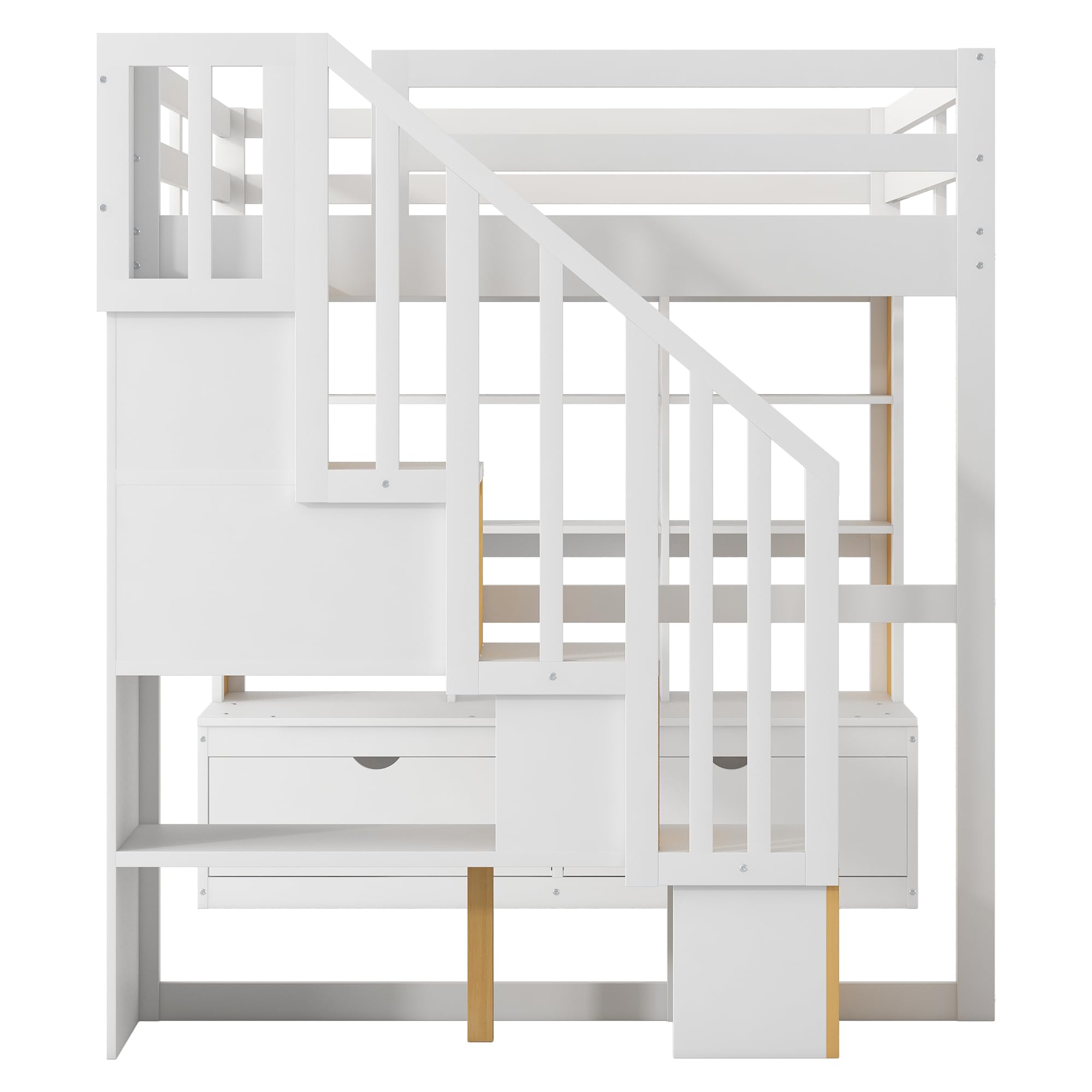 MERITLINE Full Size Loft Bed with Desk and Storage Stairs, Wood Loft Bed Full with Shelves & 2 Storage Drawers,Full Loft Bed with Desk Underneath for Kids Teens Boys Girls,White and Natural