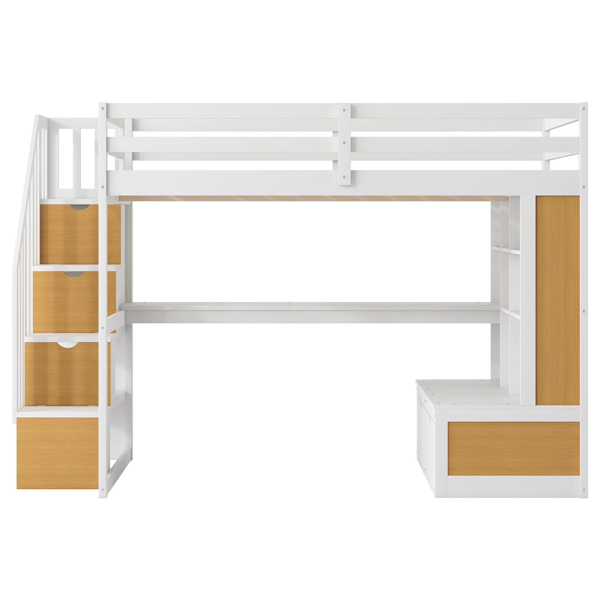 MERITLINE Full Size Loft Bed with Desk and Storage Stairs, Wood Loft Bed Full with Shelves & 2 Storage Drawers,Full Loft Bed with Desk Underneath for Kids Teens Boys Girls,White and Natural