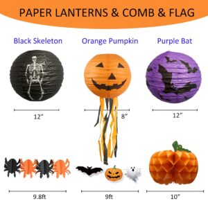 12pcs Black Orange Pumpkin Purple Spider Halloween Decorations Kit Tissue Pom Poms Paper Lanterns Circle Fans Banner and Pumpkin Honeycomb Balls for Graduation Party Classroom Tables Decor Indoor