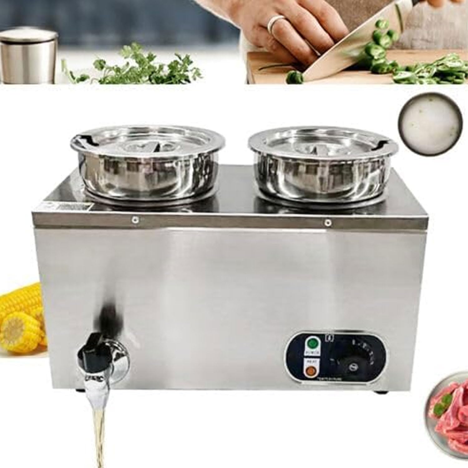 2 Pot Commercial Food Warmer, 600W Electric Steam Table with 30-85℃ Temperature Adjustment, Buffet Food Warming Tray for Chocolate, Milk, Soup, Drinks, Coffee