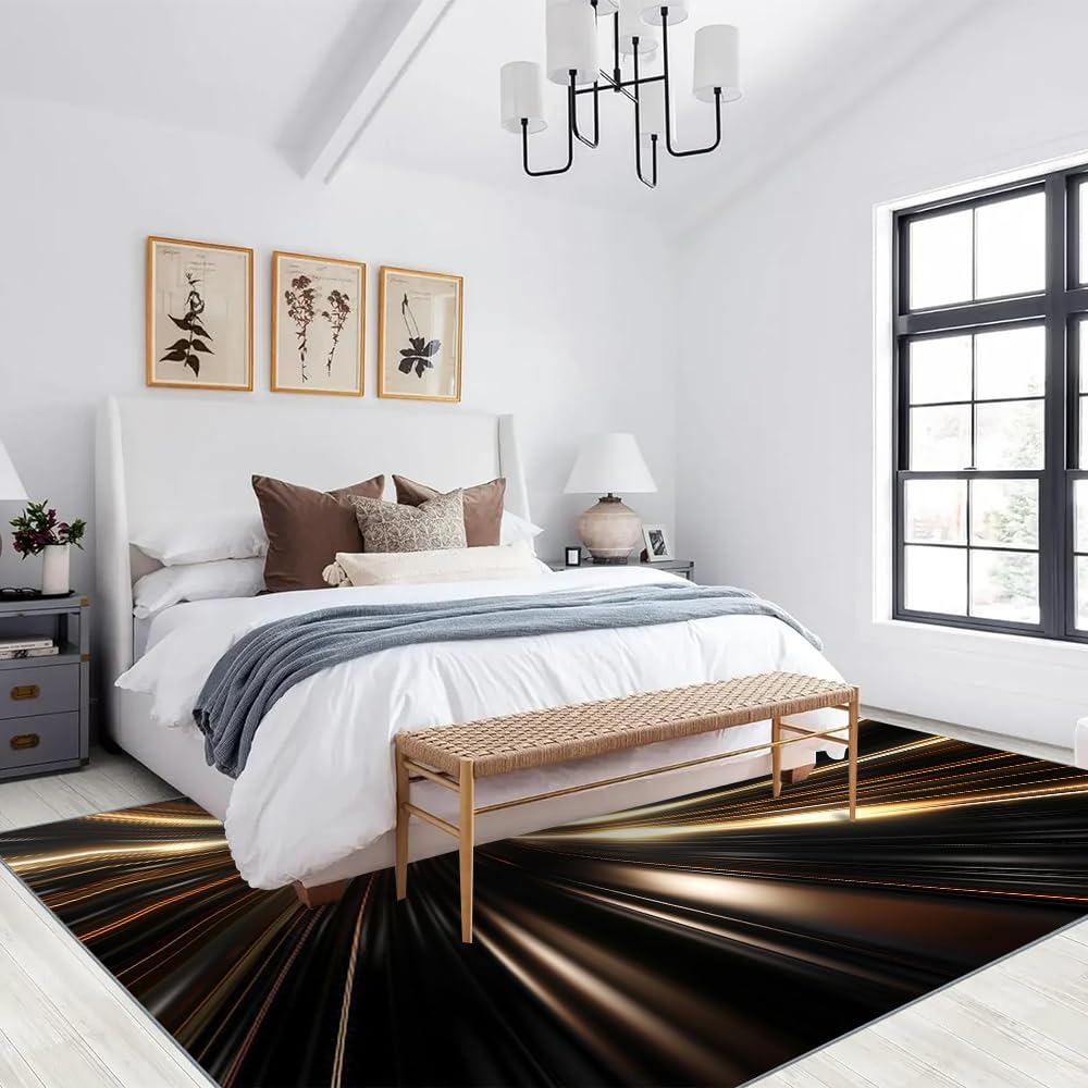 Black and Gold Space Tunnel Area Rug 5x7 Rug Minimalist Black and Gold Lines Rugs Foldable Easy to Clean Comfortable Faux Wool Carpet for Bedroom Living Room Hotel Boy Room Hallway