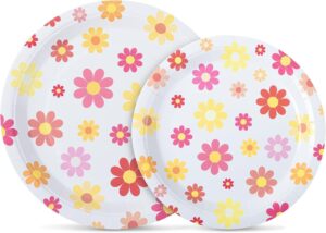 united-unicorns 48 pcs groovy retro daisy party plates - hippie boho flower round disposable plates for 60s and 70s themed parties, birthdays, baby showers, weddings, and bridal tableware