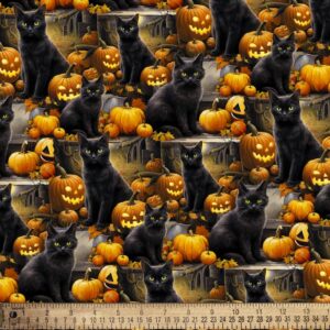 halloween black cat & jack-o-lanterns digital cotton fabric by the yard