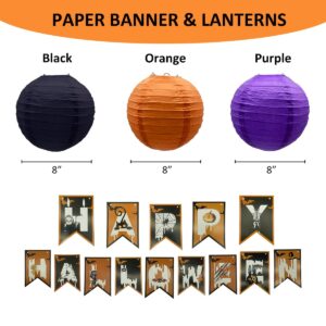 19pcs Black Orange Purple Halloween Banner Tissue Pom Poms Decorations Kit Paper Lanterns Fans Circle and Pumpkin Honeycomb Balls for Graduation Party Classroom Tables Decor Indoor