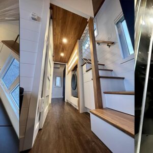 Tiny RV Mobile House with Downstairs Bedroom, Loft, Full Kitchen & Bathroom - Family-Friendly Design with Upraised Living Area, Cedar/Steel Exterior, Double-Pitched Roof - Perfect for Full-Time Living