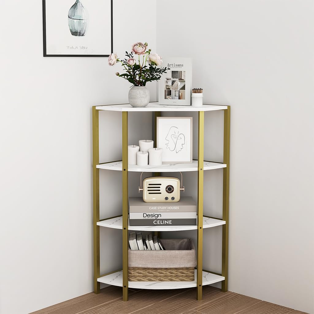 AMZOSS 4 Tier Corner Shelf Stand, Kitchen Shelf Organizer with Faux Marble Shelf and Gold Metal Frame, Freestanding Corner Shelf Display Rack for Living Room, Bathroom, Kitchen, Small Space