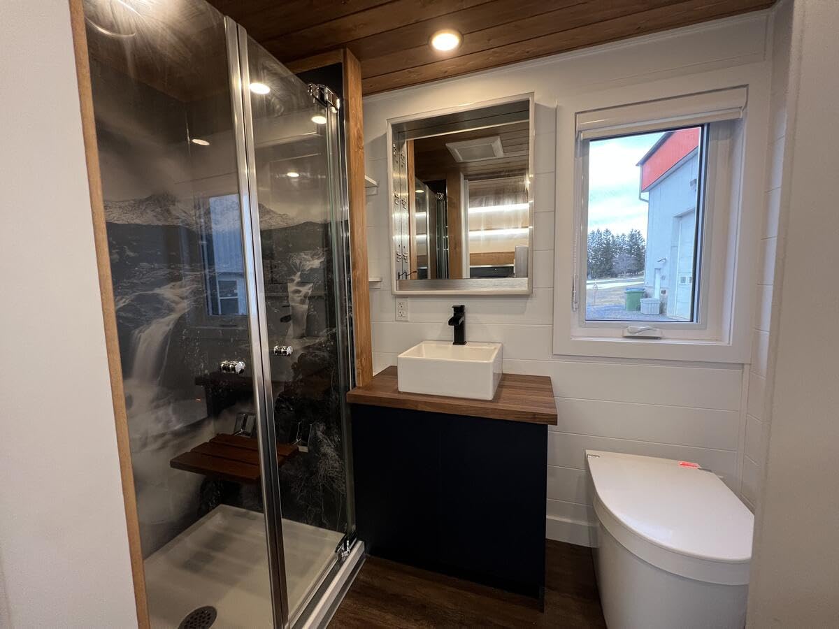 Tiny RV Mobile House with Downstairs Bedroom, Loft, Full Kitchen & Bathroom - Family-Friendly Design with Upraised Living Area, Cedar/Steel Exterior, Double-Pitched Roof - Perfect for Full-Time Living