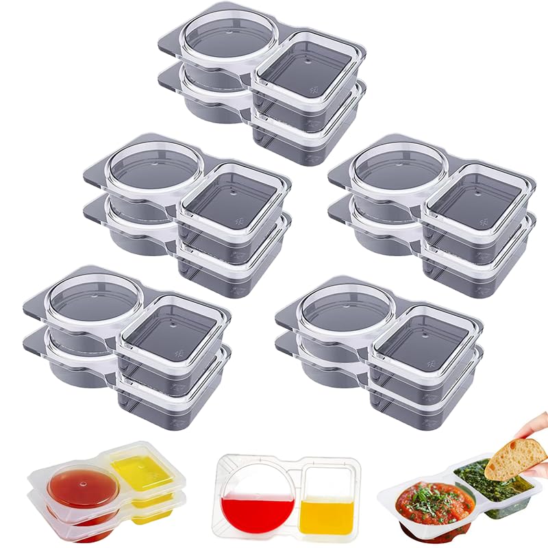 10PCS Double Compartment Condiment Container，Reusable 2 Compartment Snack Containers,Sauce Container With Lid,Ideal for traveling, portable lunches, snacks (Rectangular)