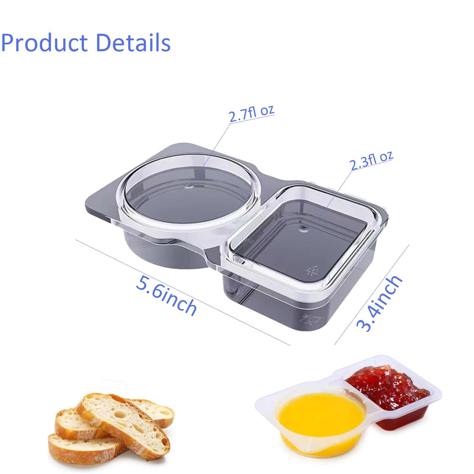 10PCS Double Compartment Condiment Container，Reusable 2 Compartment Snack Containers,Sauce Container With Lid,Ideal for traveling, portable lunches, snacks (Rectangular)