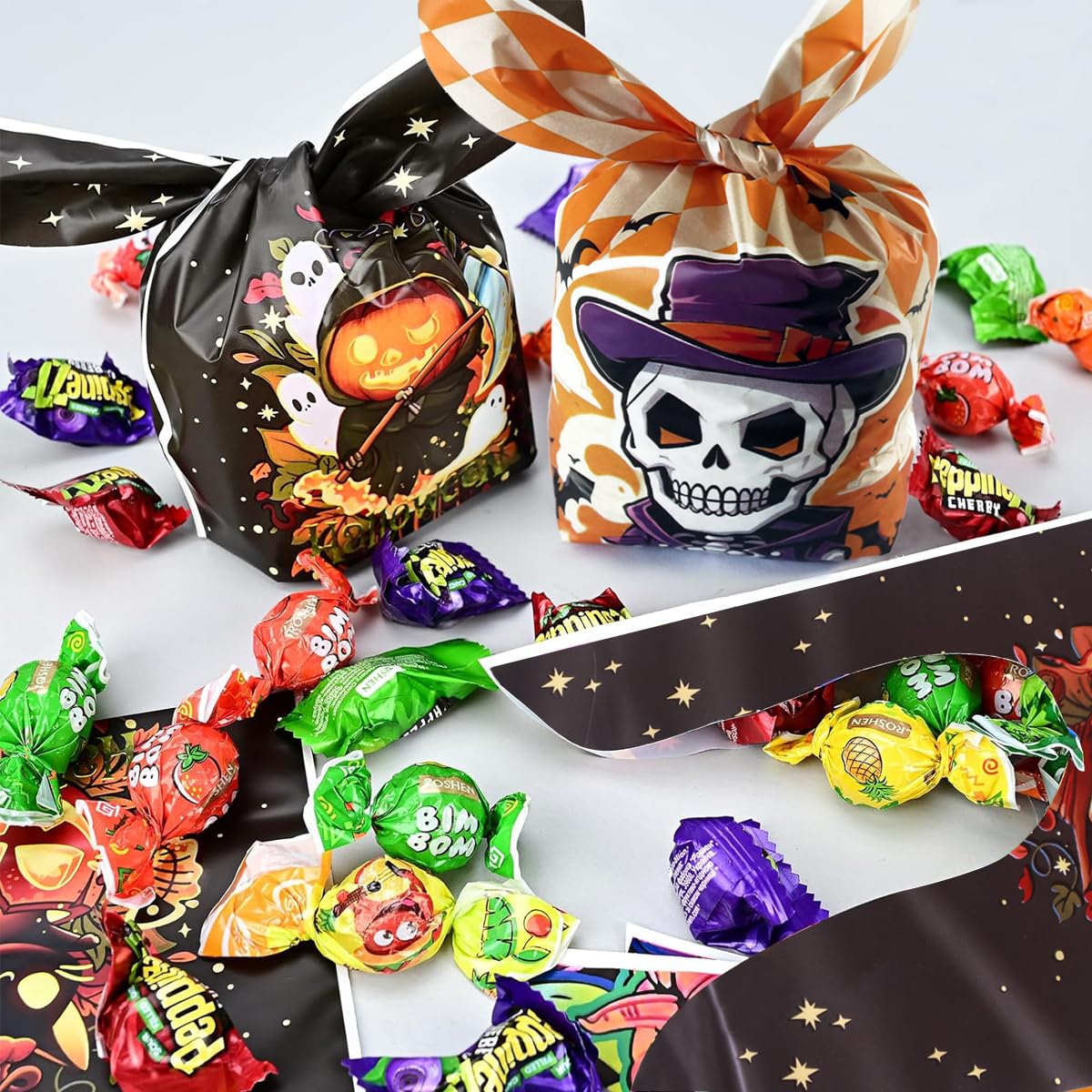 Halloween Treat Bags 100Pcs,6 Style Candy Bags Treat Bags Kids, Cute Rabbit Ear Plastic Goody Bags Halloween Bags for Trick or Treat Goodie Party Favor Gifts