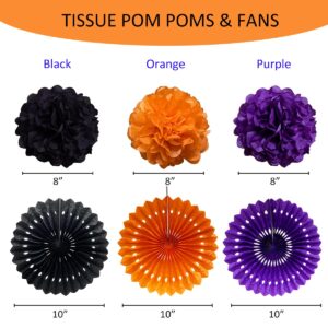 12pcs Black Orange Pumpkin Purple Spider Halloween Decorations Kit Tissue Pom Poms Paper Lanterns Circle Fans Banner and Pumpkin Honeycomb Balls for Graduation Party Classroom Tables Decor Indoor