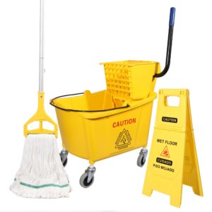 35qt. side-press mop bucket and wringer combo on wheels, yellow, for floor cleaning/wet mopping,including one commercial mop and wet floor caution sign (24inch)