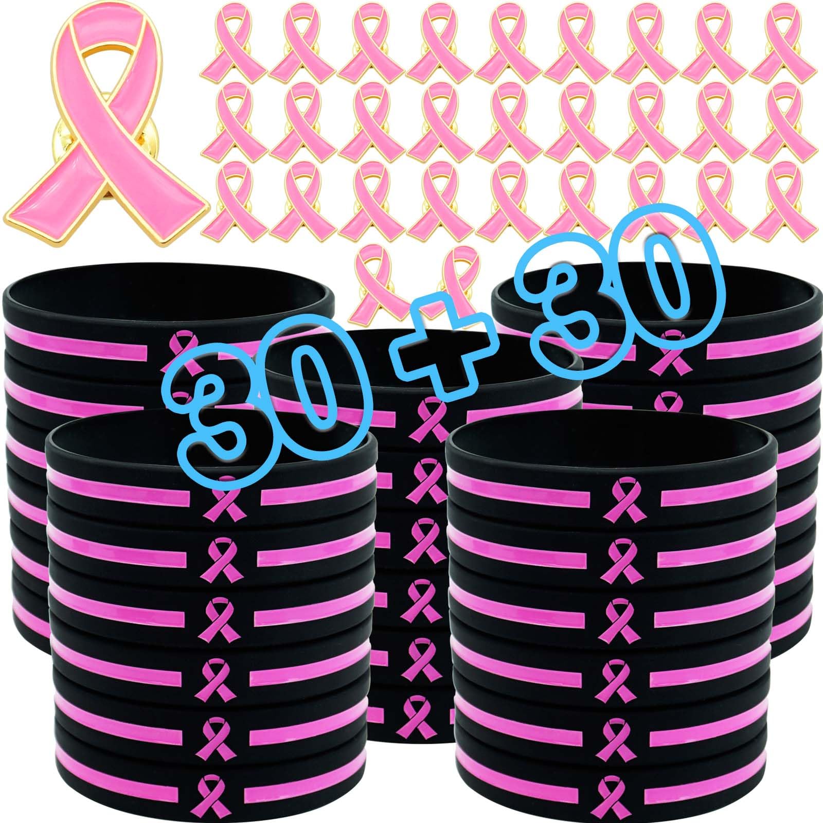 60 Pcs Breast Cancer Awareness Bulk Items Accessories 30 Breast Cancer Awareness Bracelets 30 Awareness Pins Pink Ribbon Wristband Fundraiser Gifts Breast Cancer Party Favor for Women Men 30 Set