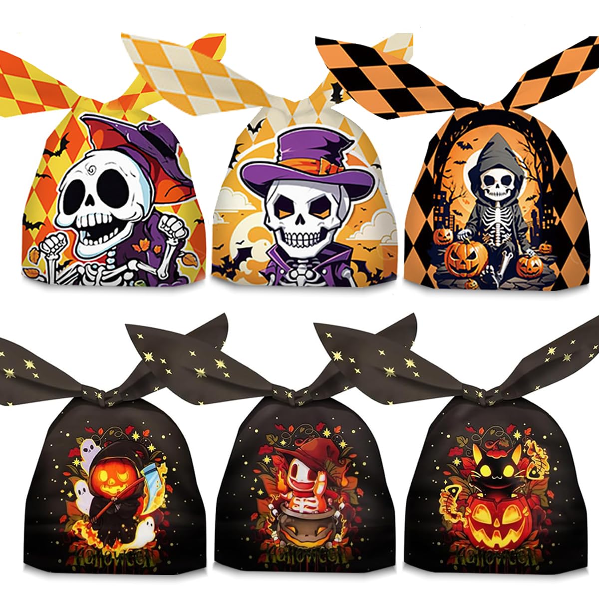 Halloween Treat Bags 100Pcs,6 Style Candy Bags Treat Bags Kids, Cute Rabbit Ear Plastic Goody Bags Halloween Bags for Trick or Treat Goodie Party Favor Gifts