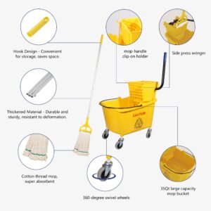 35Qt. Side-Press Mop Bucket and Wringer Combo on Wheels, Yellow, for Floor Cleaning/Wet Mopping,Including One Commercial Mop and Wet Floor Caution Sign (24inch)