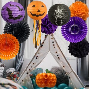 12pcs Black Orange Pumpkin Purple Spider Halloween Decorations Kit Tissue Pom Poms Paper Lanterns Circle Fans Banner and Pumpkin Honeycomb Balls for Graduation Party Classroom Tables Decor Indoor