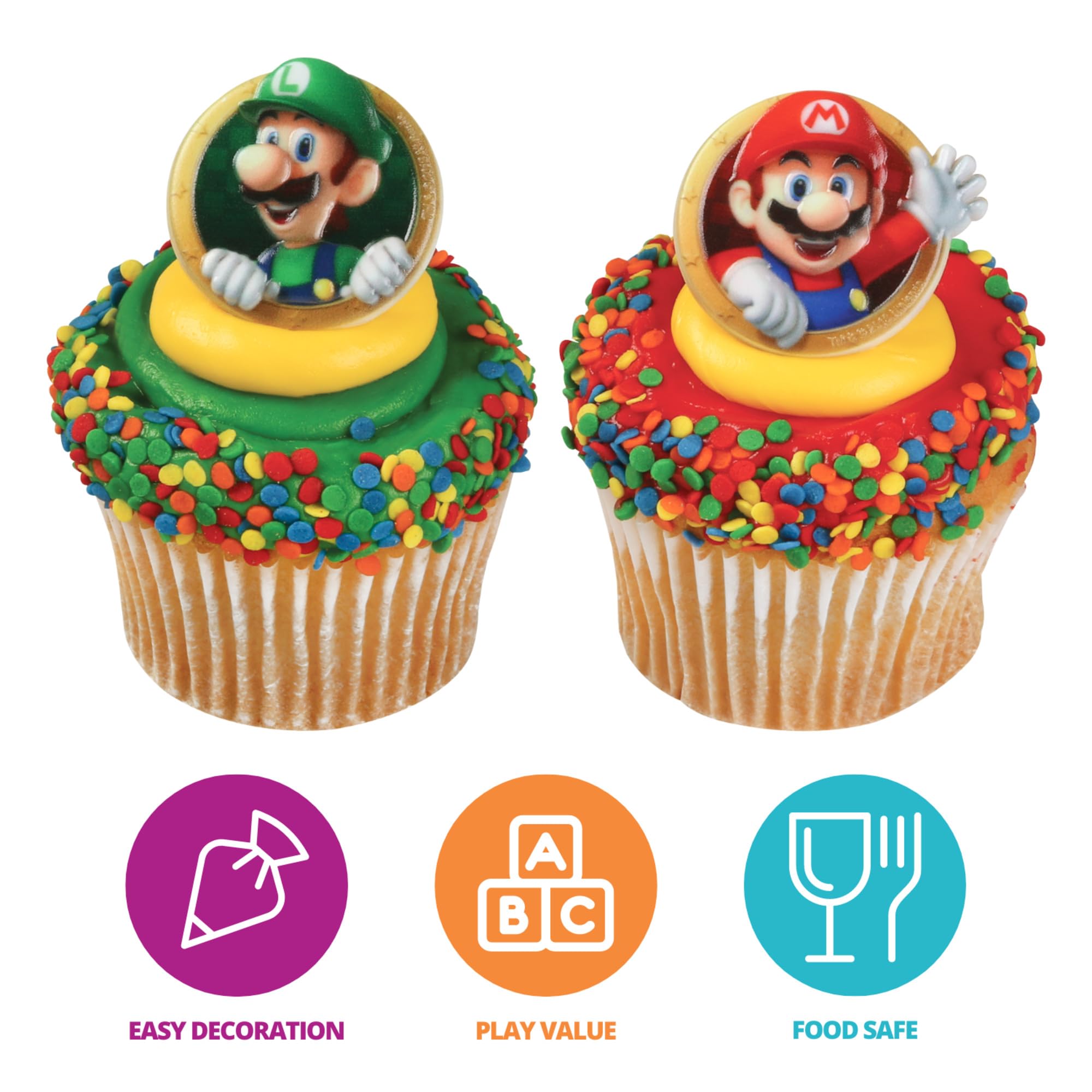 DecoPac Super Mario Rings, 24 Nintendo Cupcake Decorations Featuring Mario And Luigi, Cake Toppers For Birthday, Gaming, Party - 24 Pack