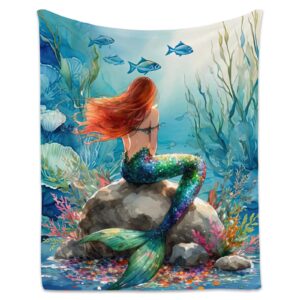 mermaid blanket - 40x50 inches cute throw blanket for kids - soft fuzzy blankets for couch & office