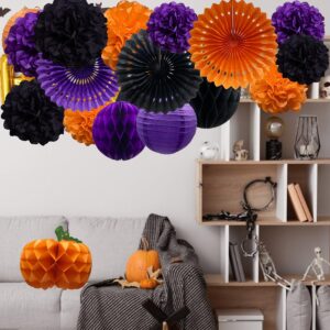 19pcs Black Orange Purple Halloween Banner Tissue Pom Poms Decorations Kit Paper Lanterns Fans Circle and Pumpkin Honeycomb Balls for Graduation Party Classroom Tables Decor Indoor