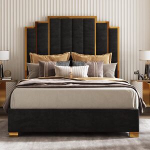 amerlife queen size upholstered bed, modern velvet bed frame with 61.4” tall gold trim headboard, no box spring needed, black