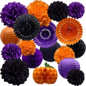 19pcs black orange purple halloween banner tissue pom poms decorations kit paper lanterns fans circle and pumpkin honeycomb balls for graduation party classroom tables decor indoor