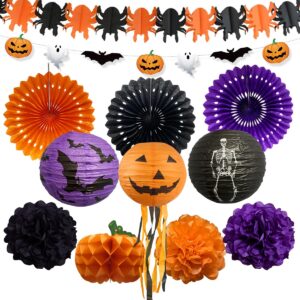 12pcs black orange pumpkin purple spider halloween decorations kit tissue pom poms paper lanterns circle fans banner and pumpkin honeycomb balls for graduation party classroom tables decor indoor