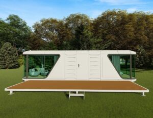 futuristic mobile capsule home - 1 bedroom, full bathroom, kitchen & living area - sleek portable cabin