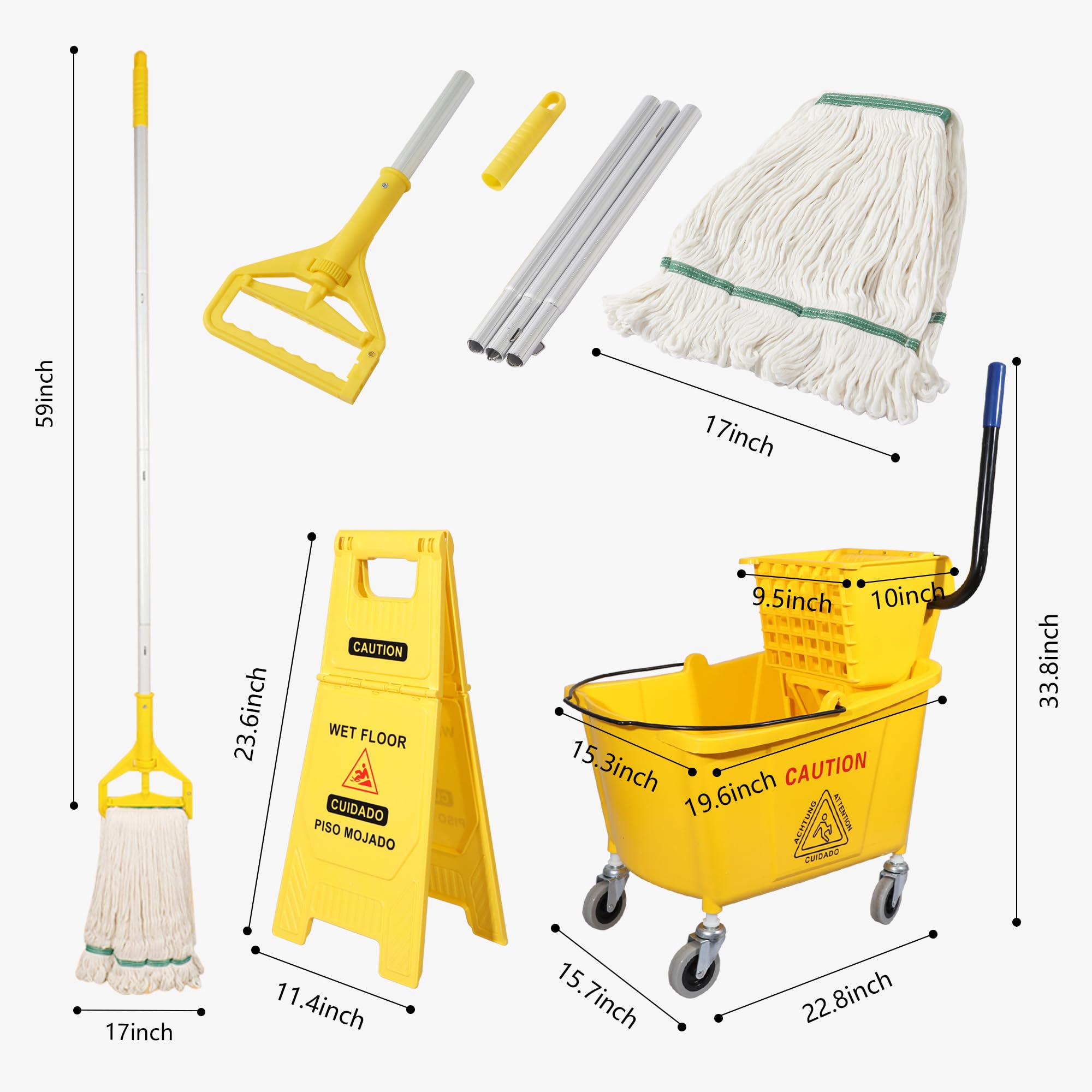 35Qt. Side-Press Mop Bucket and Wringer Combo on Wheels, Yellow, for Floor Cleaning/Wet Mopping,Including One Commercial Mop and Wet Floor Caution Sign (24inch)