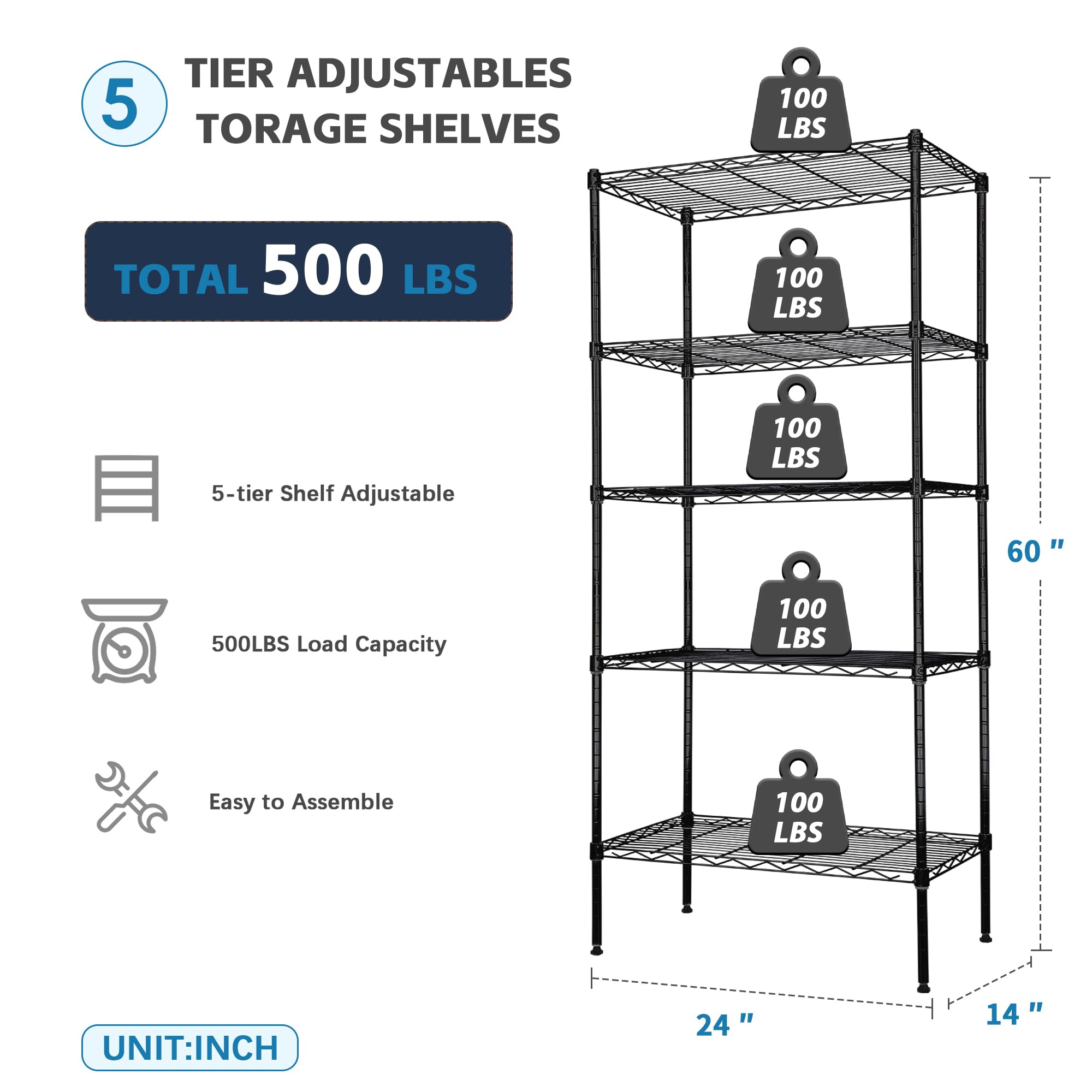 YIQIEDEY 5 Tier Shelf Display Shelf Garage Racks for Storage Garage Shelf with Adjustable Wire Shelving Unit Metal Shelf Garage Shelf for Laundry Bathroom Kitchen Pantry Closet(30" Lx14 Wx61 H,Black)