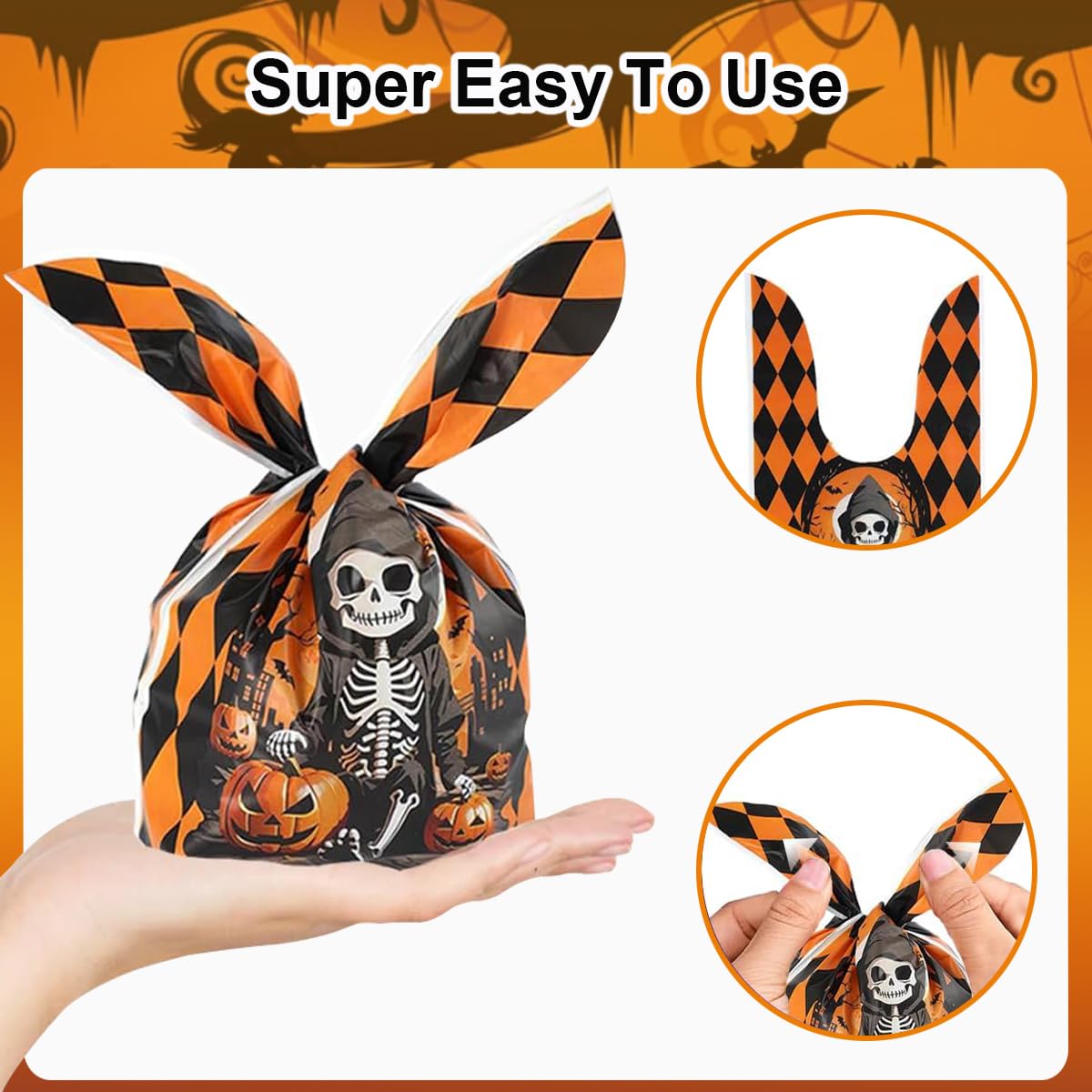 Halloween Treat Bags 100Pcs,6 Style Candy Bags Treat Bags Kids, Cute Rabbit Ear Plastic Goody Bags Halloween Bags for Trick or Treat Goodie Party Favor Gifts