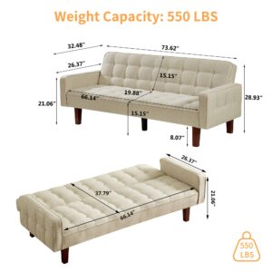 XGWIHLO Linen Fabric Futon Sofa Bed, Small Loveseat, Modern Sofa Couch Adjustable Backrests, Couches for Living Room, Small Space, Bedroom, Apartment (Beige)