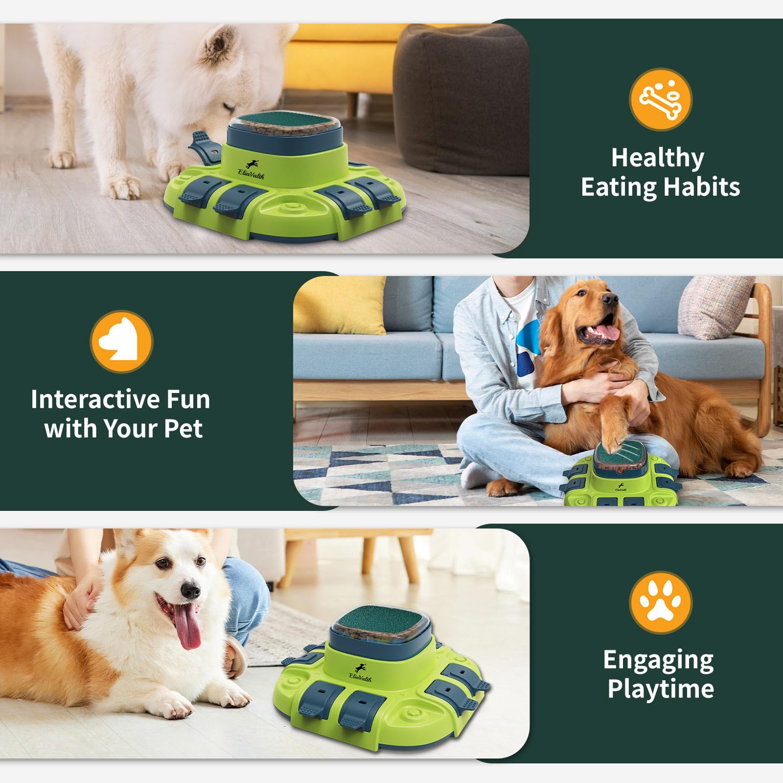 Dog Puzzle, EliaValth 3-in-1 Dog Toy: Puzzle, Slow Feeder Dog Bowls & Dog Nail File Green