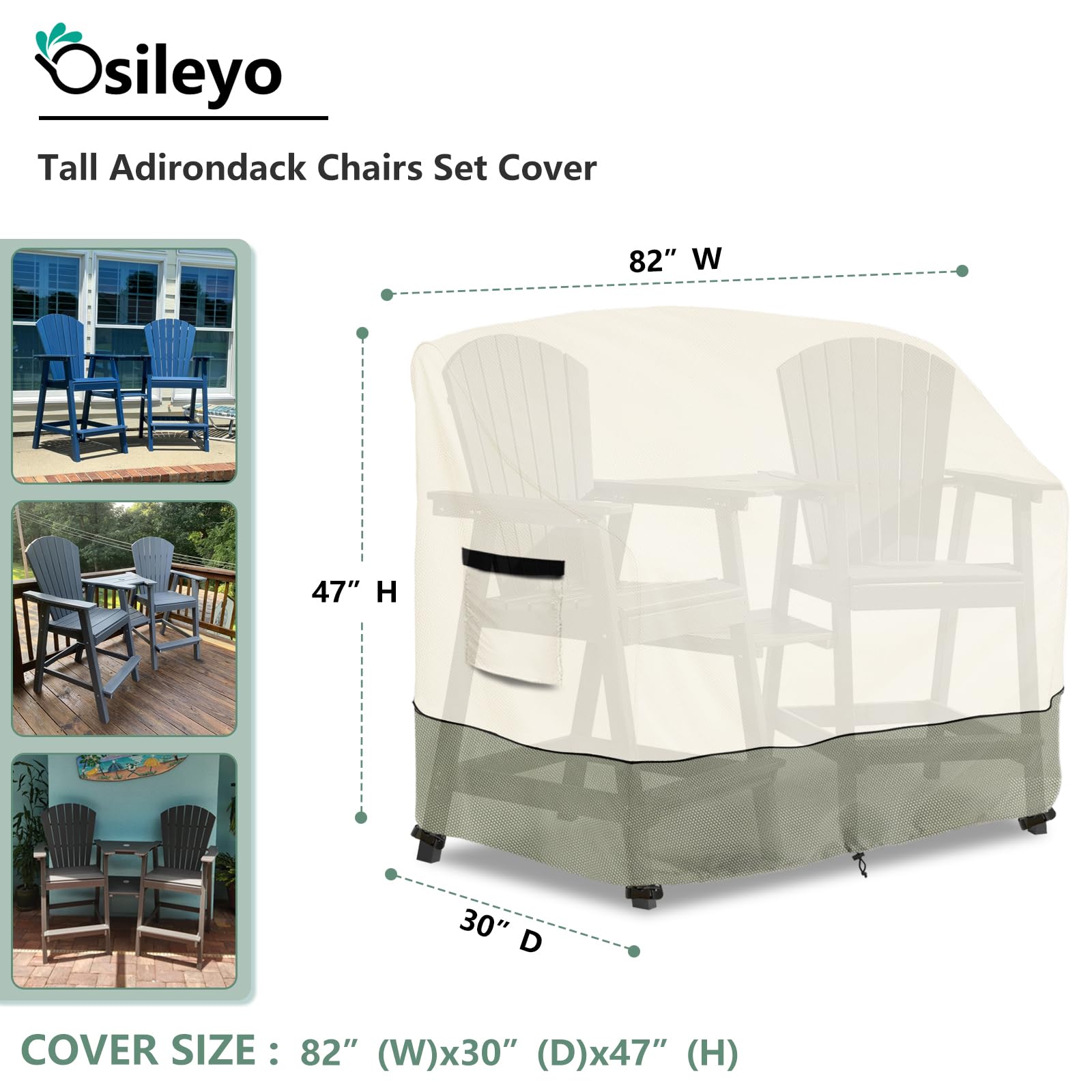 Osileyo Tall Adirondack Chairs Set Cover for Poly Balcony Chair with Connecting Tray Patio Stools,100% Waterproof Heavy Duty Tall Outdoor Adirondack Chair Table Covers, Beige