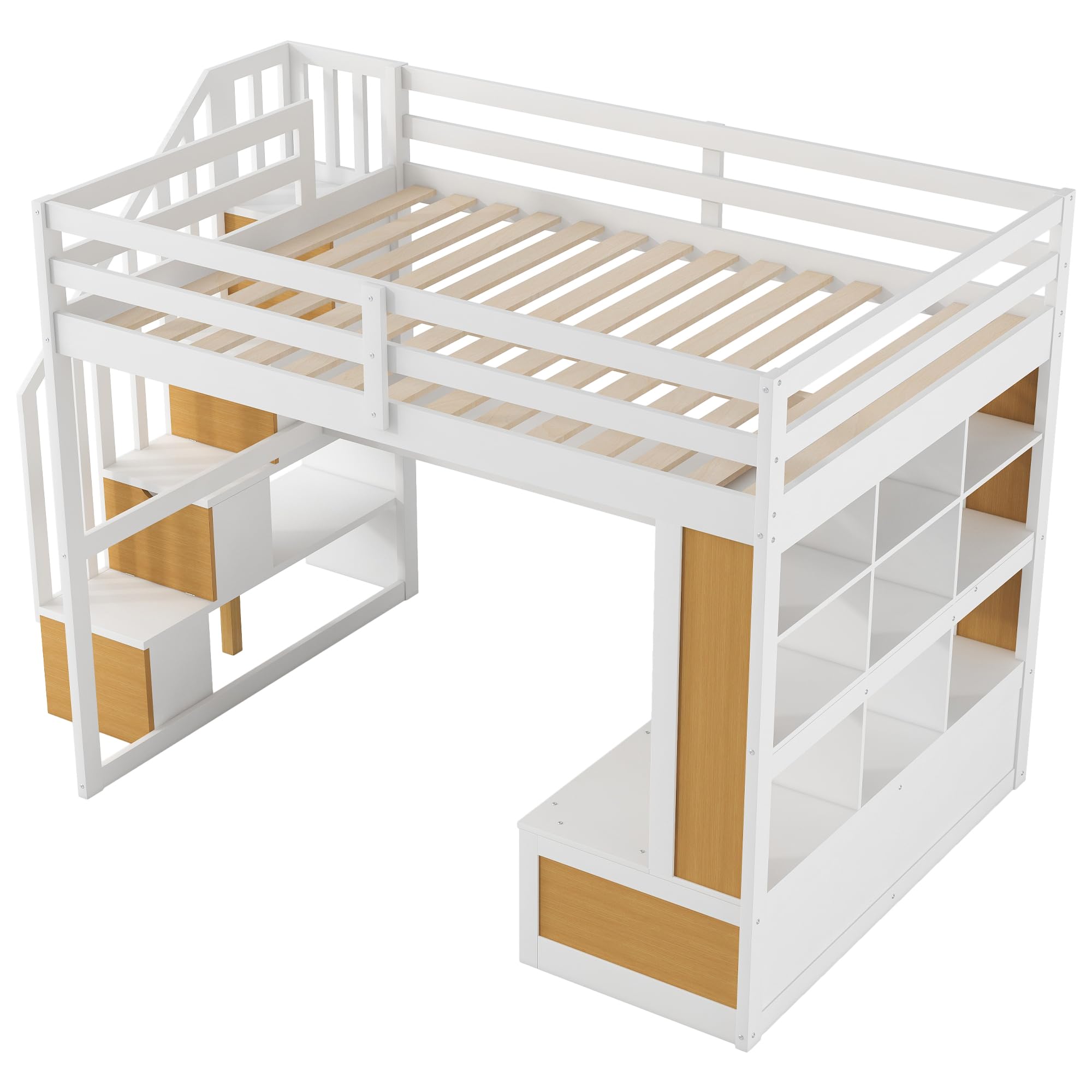 MERITLINE Full Size Loft Bed with Desk and Storage Stairs, Wood Loft Bed Full with Shelves & 2 Storage Drawers,Full Loft Bed with Desk Underneath for Kids Teens Boys Girls,White and Natural