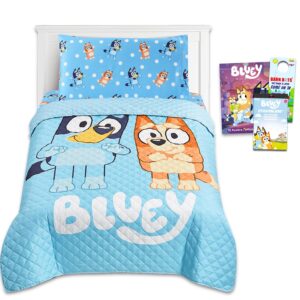 bluey bedding set twin bed - bundle with bluey room decor with bedspread, flat sheet, fitted sheet, pillowcase for twin bed plus bluey posters, stickers, more | bluey bedroom decor for boys, girls