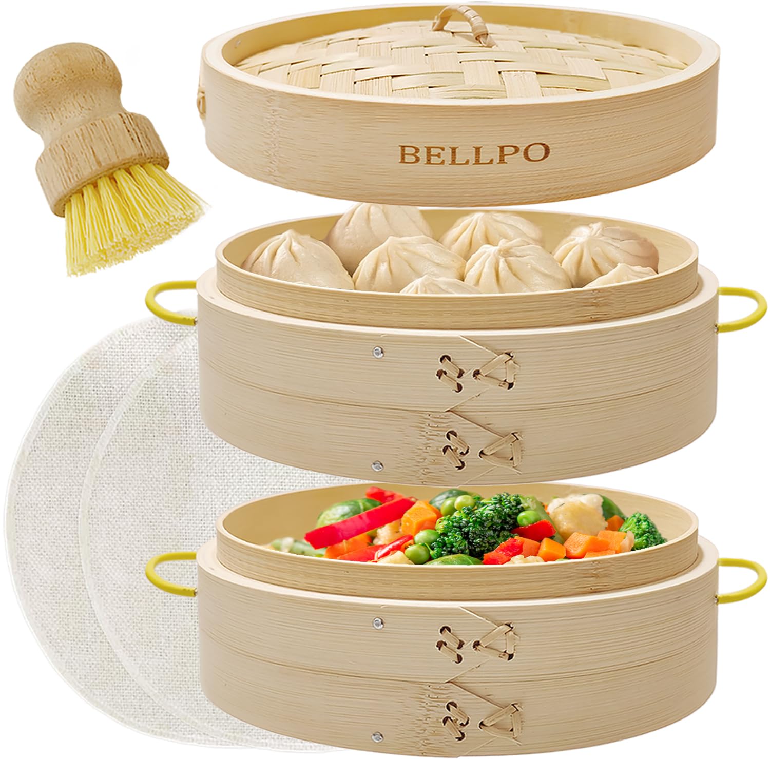 BELLPO Bamboo Steamer 8 inch 2 Tier Wooden Basket with Side Handle, Dumpling Steamer Cooking for Vegetables Rice,Fish,Dim Sum,Bao Bun,Reusable Liner&Brush Included