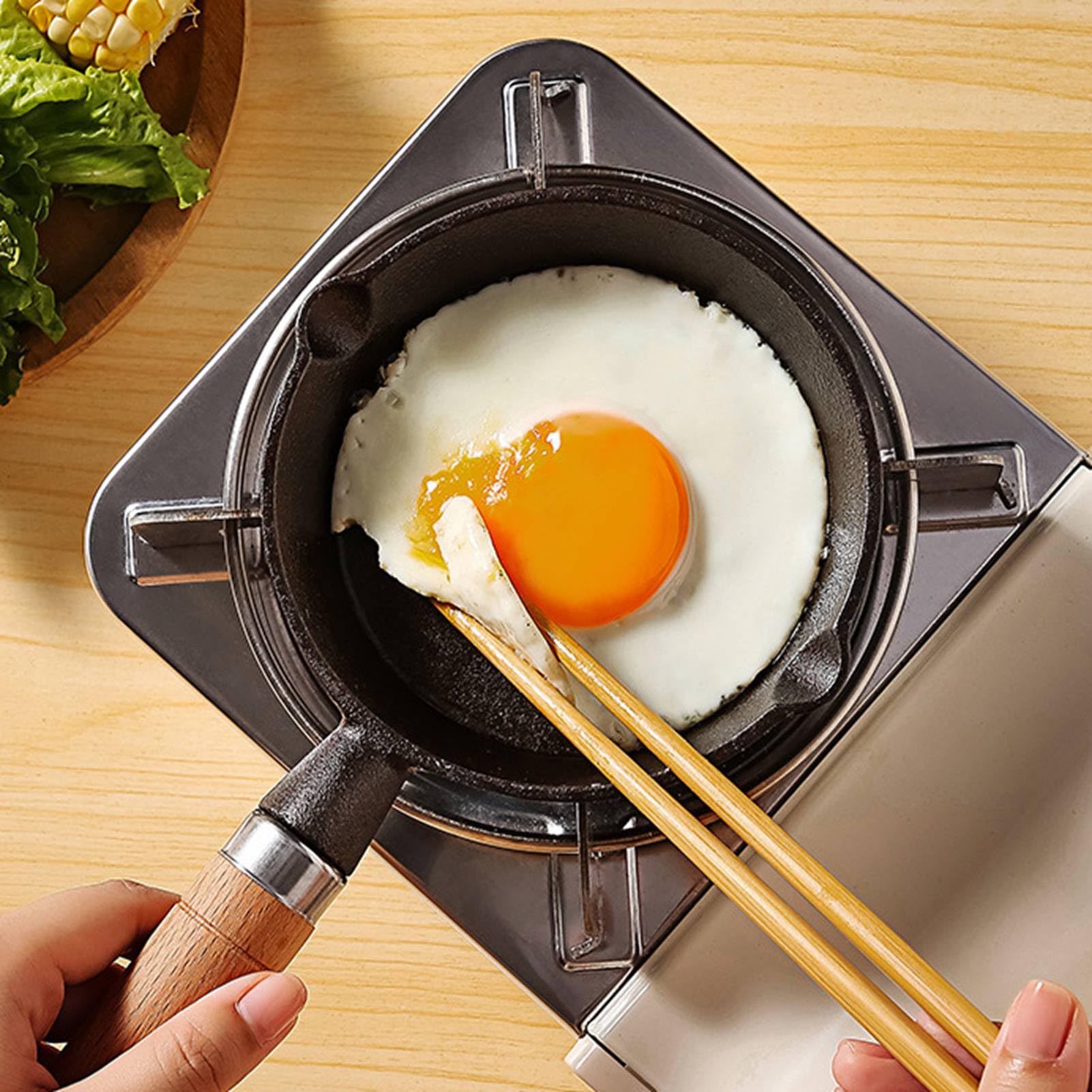 Cast Iron Small Egg Pan Even Heating Non Stick Coating Mini Frying Pan on Wood Handle