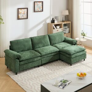 aoowow chenille 3 seater sofa couch with ottoman,modular sectional l-shaped sofa with pillowed arms,modern cloud sofas with for living room,office (chenille green, 3 seater with 1 ottoman)