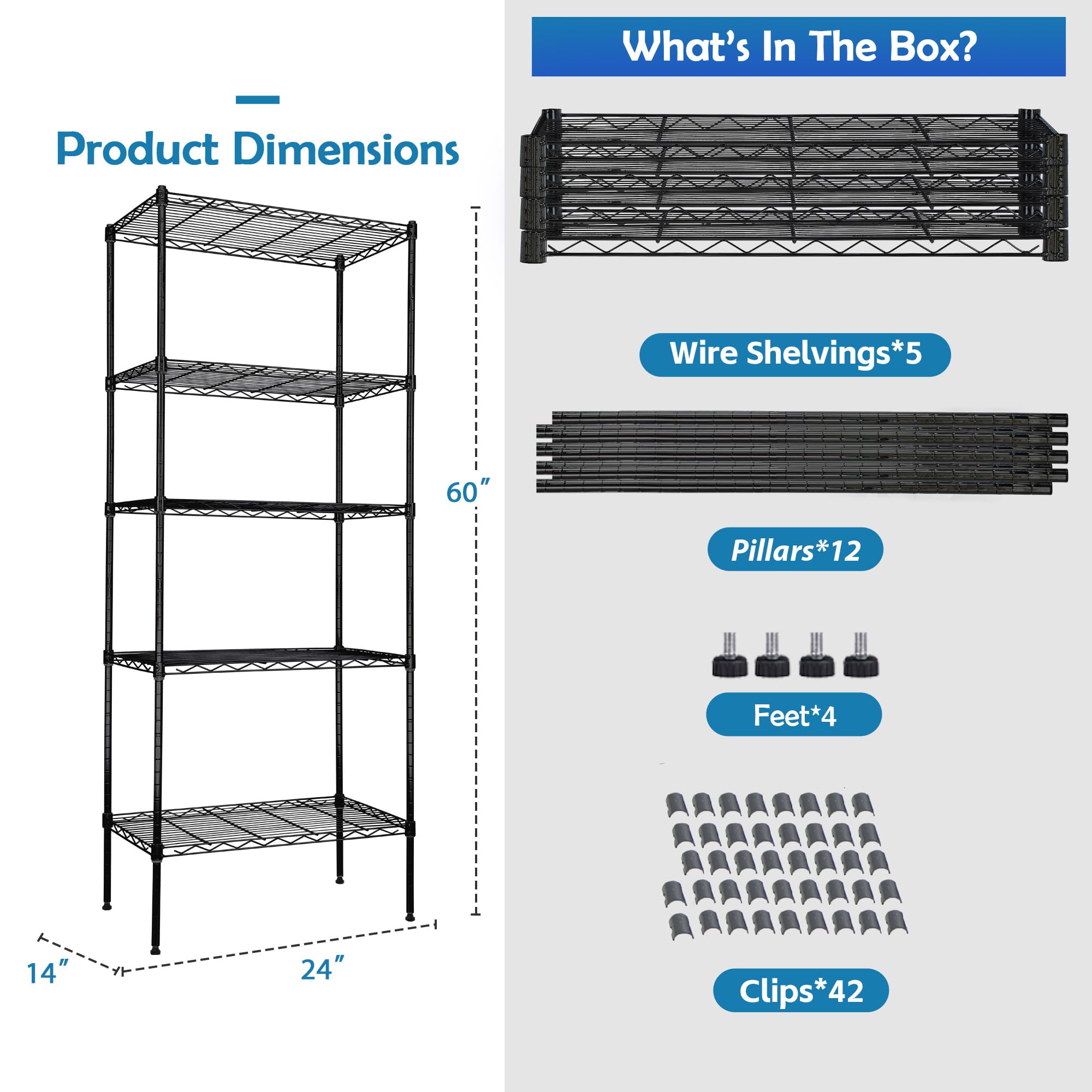 YIQIEDEY 5 Tier Shelf Display Shelf Garage Racks for Storage Garage Shelf with Adjustable Wire Shelving Unit Metal Shelf Garage Shelf for Laundry Bathroom Kitchen Pantry Closet(30" Lx14 Wx61 H,Black)