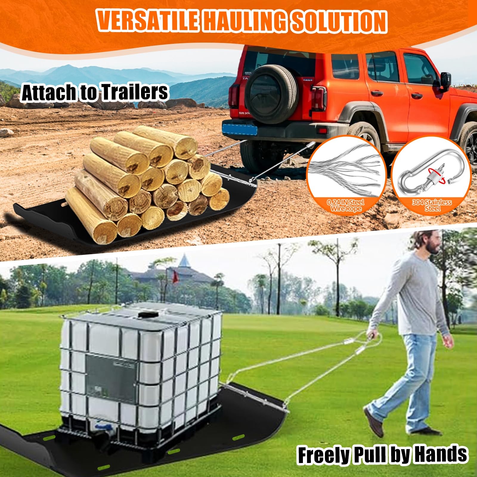 ZFbuhuo 47” x 110” Yard Drag Sled with Pull Cables 1/8 HDPE Thickened Yard Sled Heavy Duty Multipurpose Yard Drag Mat for Hauling Debris, Construction Materials, Logs and Hunting Trophy