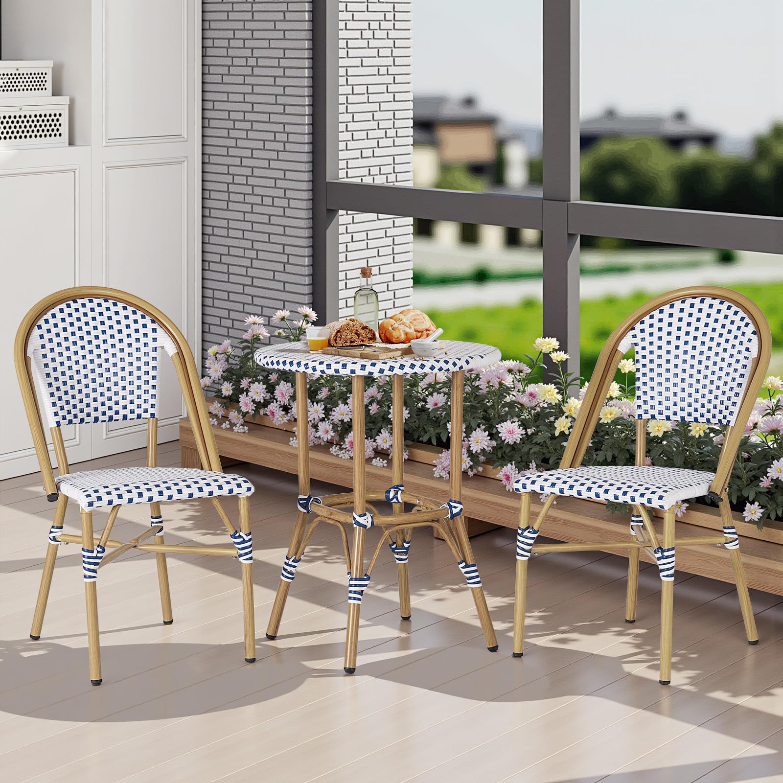 3 Piece Patio Bistro Set , French Wicker Outdoor Bistro Set with Round Table and 2 Dining Chairs , ‎Aluminum Wicker Furniture, All Weather Outdoor Patio Conversation Set for Garden Balcony Cafes Yard