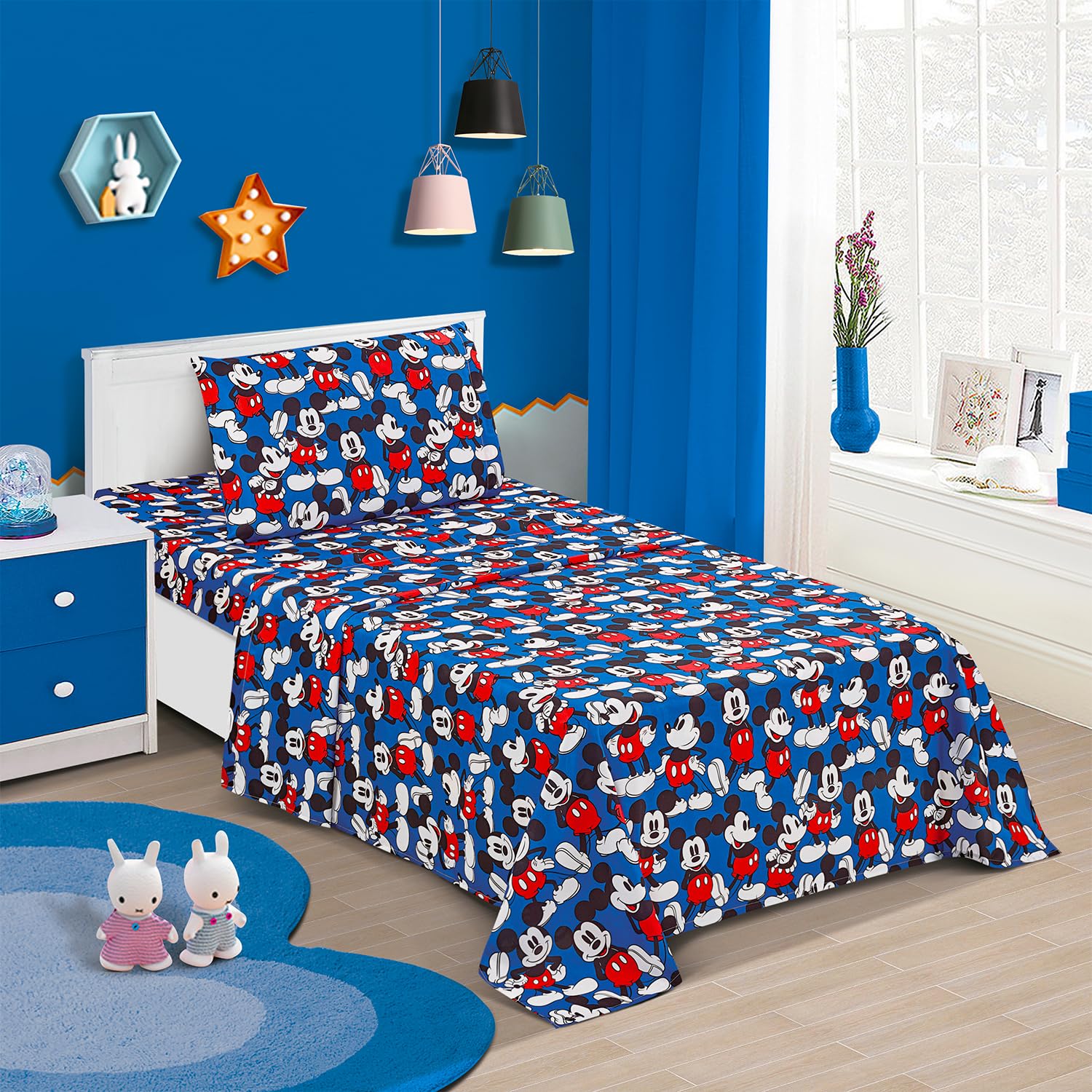 Mickey Mouse Twin Bedding Set for Kids - Bundle with Mickey Bedspread, Flat Sheet, Fitted Sheet, Pillowcase for Twin Bed Plus Decals, Stickers, More | Mickey Mouse Bedroom Decor